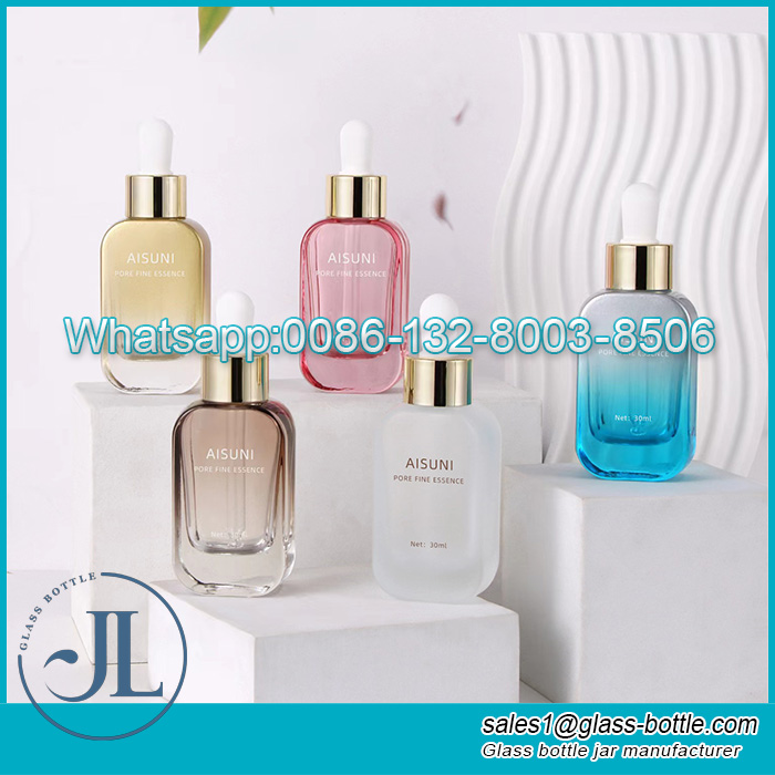Cosmetic packing 30ml custom gradient flat glass dropper bottle for essential oil serum essence ...
